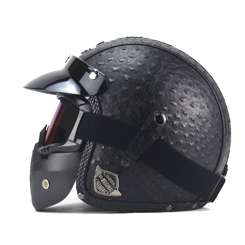 Vintage PU Leather Motorcycle Crash Helmet Biker with Visor Mask Goggl