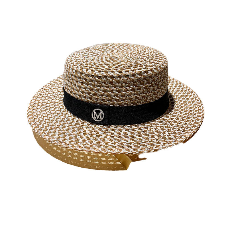 Round flat top straw beach hat lady boater sun caps blxck norway™