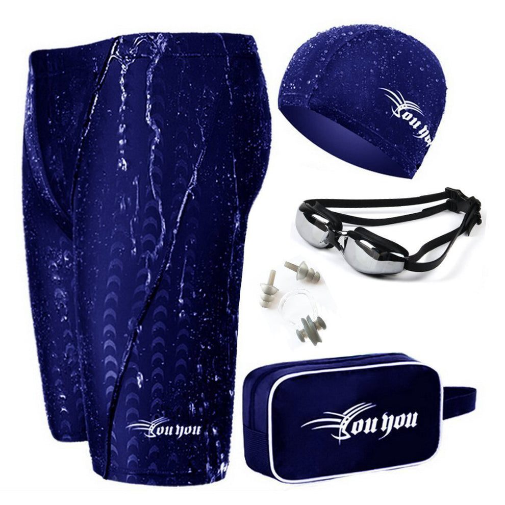 Men's swimsuit with swimming goggles cap ear plugs nose clip kit blxck