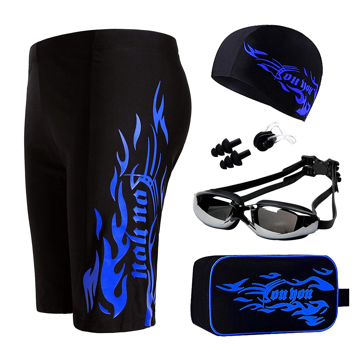 Men's swimsuit with swimming goggles cap ear plugs nose clip kit blxck